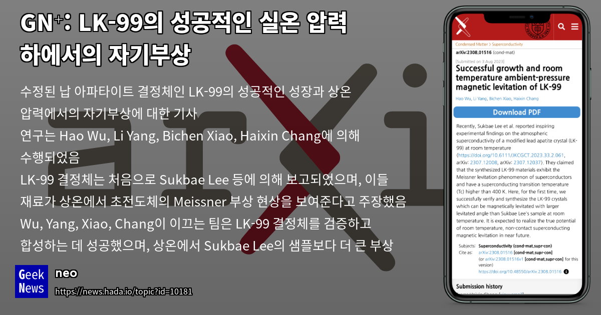 LK-99의 성공적인 실온 압력 하에서의 자기부상 | GeekNews