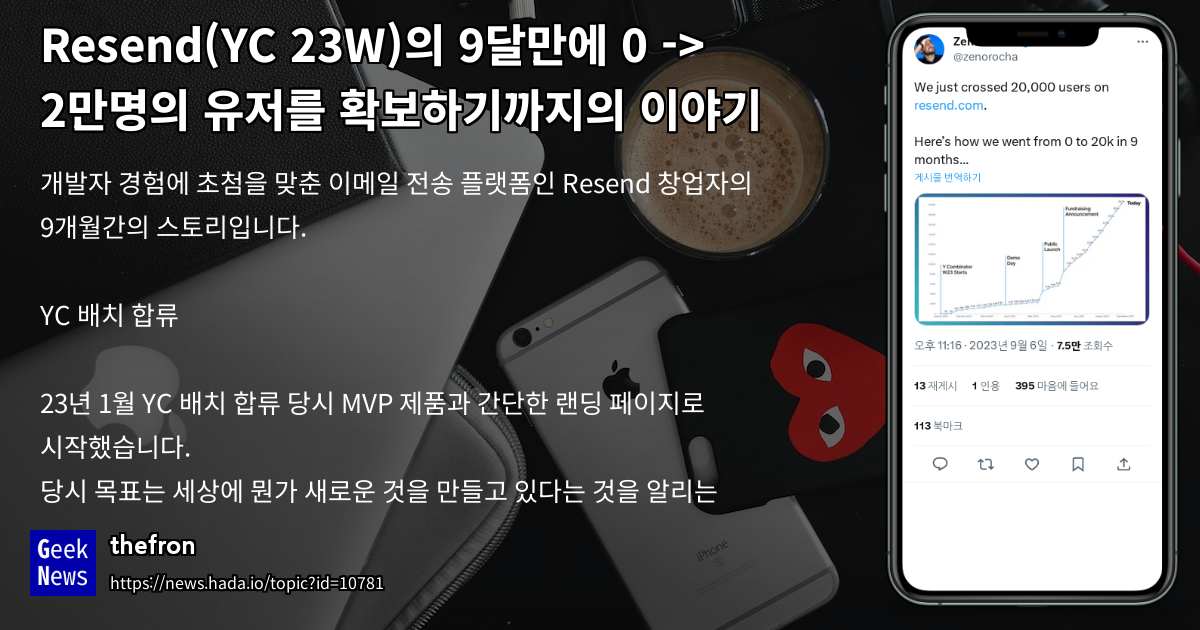 Resend(YC 23W)의 9달만에 0 -> 2만명의 유저를 확보하기까지의 이야기 | GeekNews