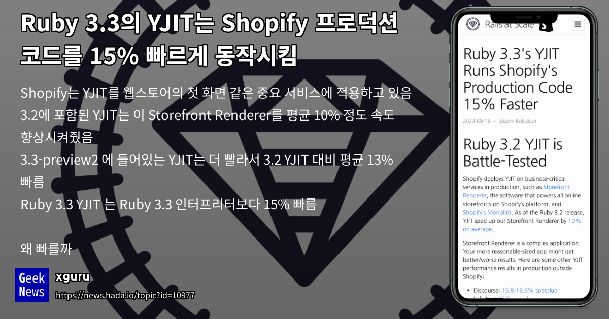 Ruby 3.3의 YJIT는 Shopify 프로덕션 코드를 15% 빠르게 동작시킴 | GeekNews