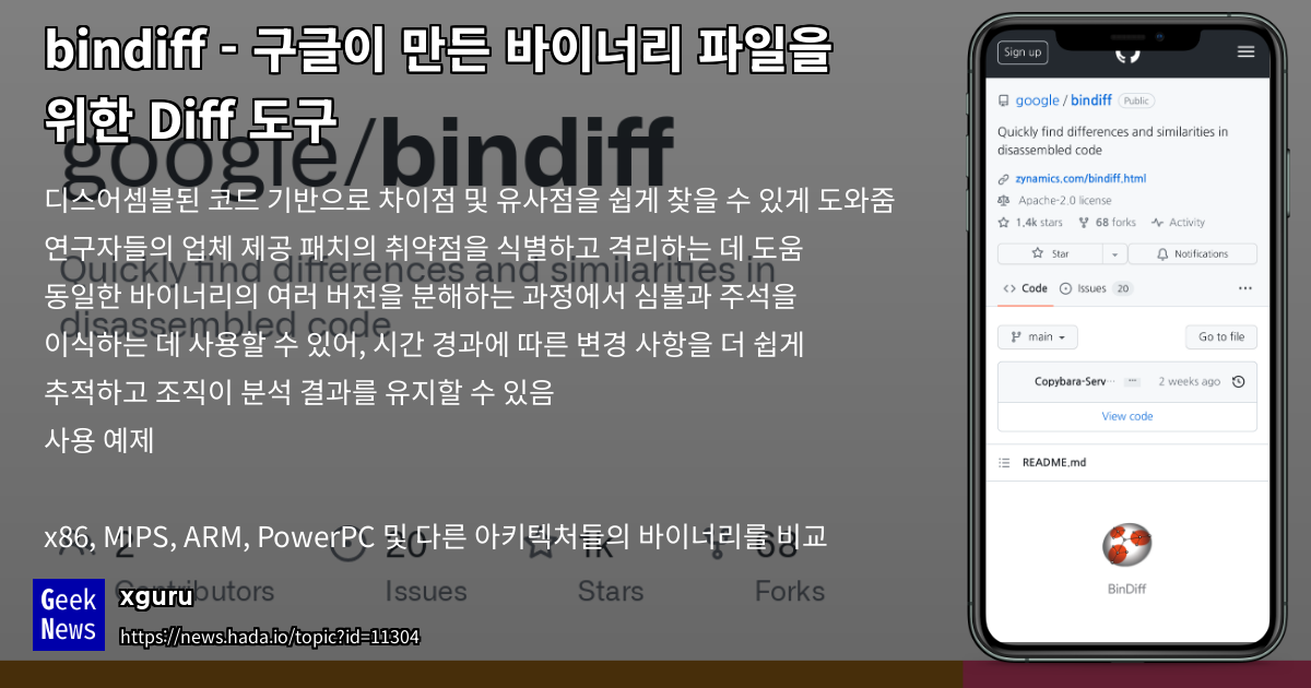 bindiff - 구글이 만든 바이너리 파일을 위한 Diff 도구 | GeekNews