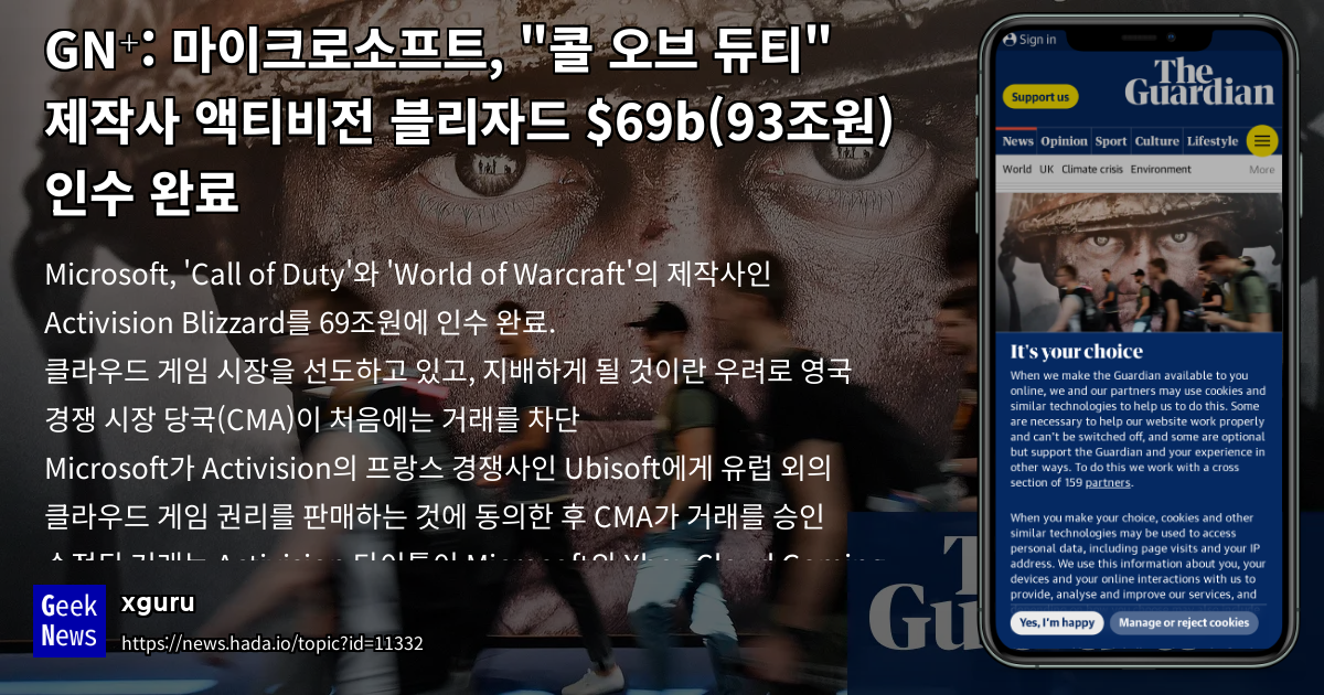 마이크로소프트, "콜 오브 듀티" 제작사 액티비전 블리자드 $69b(93조원) 인수 완료 | GeekNews
