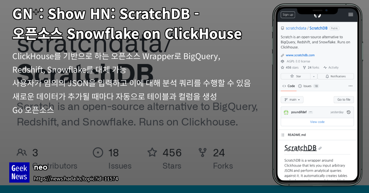 Show HN: ScratchDB - 오픈소스 Snowflake on ClickHouse | GeekNews