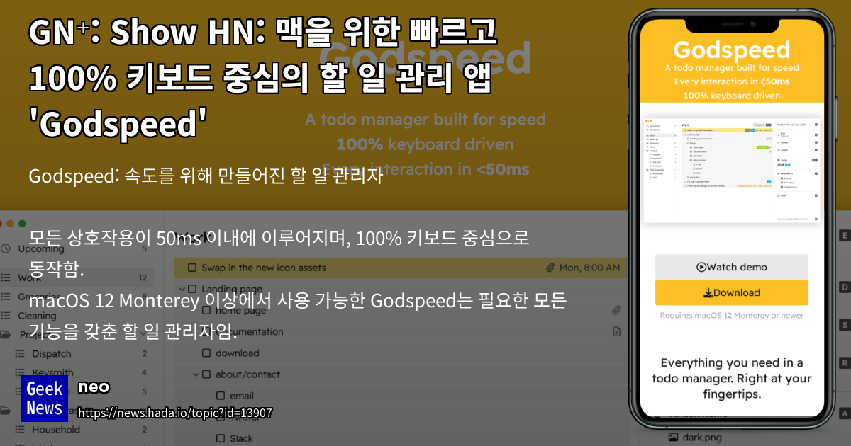 Show HN: 맥을 위한 빠르고 100% 키보드 중심의 할 일 관리 앱 'Godspeed | GeekNews