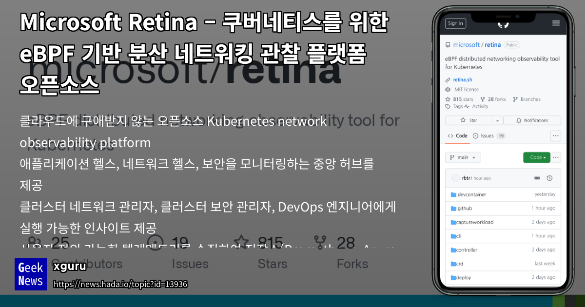 Microsoft Retina – 쿠버네티스를 위한 eBPF 기반 분산 네트워킹 관찰 플랫 | GeekNews