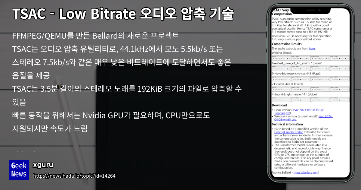 TSAC - Low Bitrate 오디오 압축 기술 | GeekNews