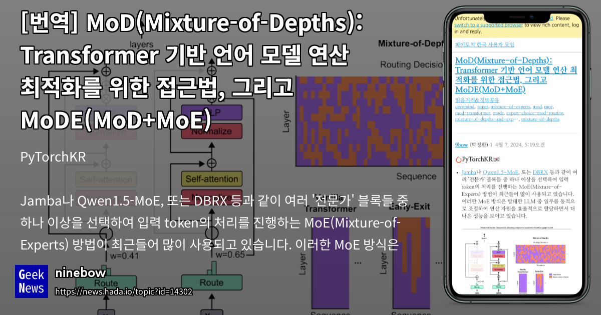 [번역] Mod Mixture Of Depths Transformer 기반 언어 모델 Geeknews