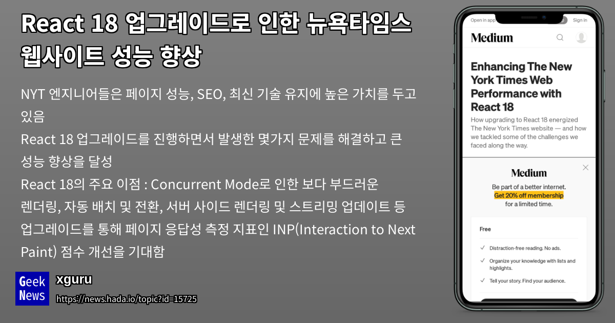 React 18 업그레이드로 인한 뉴욕타임스 웹사이트 성능 향상 | GeekNews