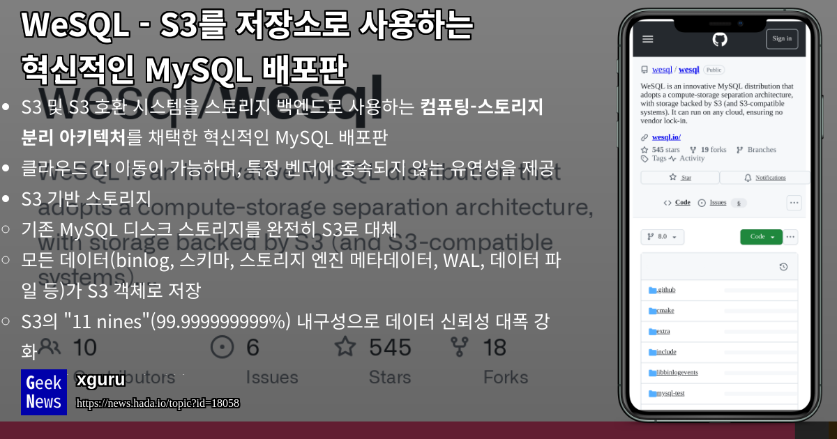 WeSQL - S3를 저장소로 사용하는 혁신적인 MySQL 배포판 | GeekNews