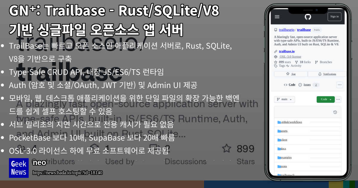 Trailbase - Rust/SQLite/V8 기반 싱글파일 오픈소스 앱 서버 | GeekNews