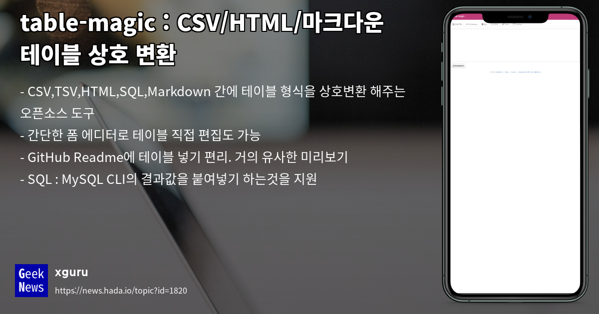 table-magic : CSV/HTML/마크다운 테이블 상호 변환 | GeekNews