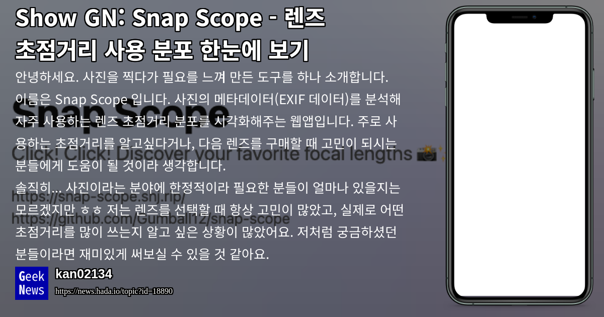 Snap Scope - 렌즈 초점거리 사용 분포 한눈에 보기 | GeekNews