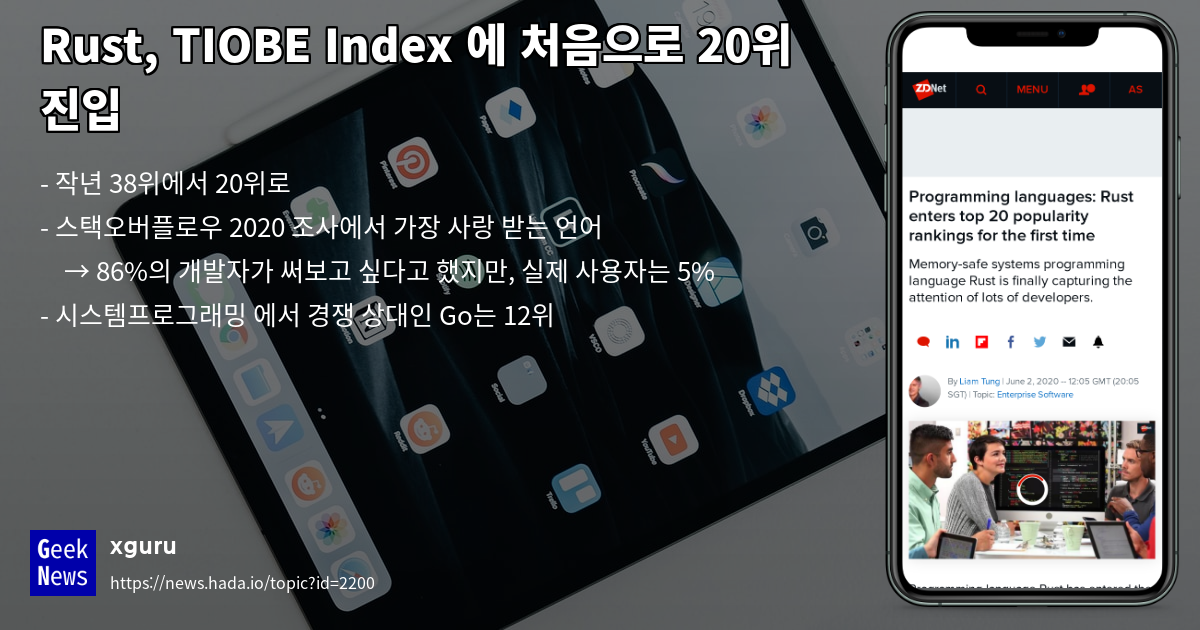 Rust, TIOBE Index 에 처음으로 20위 진입 | GeekNews