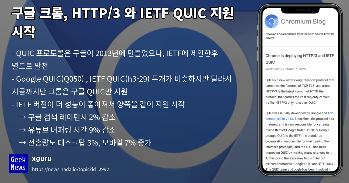 구글 크롬, HTTP/3 와 IETF QUIC 지원 시작 | GeekNews