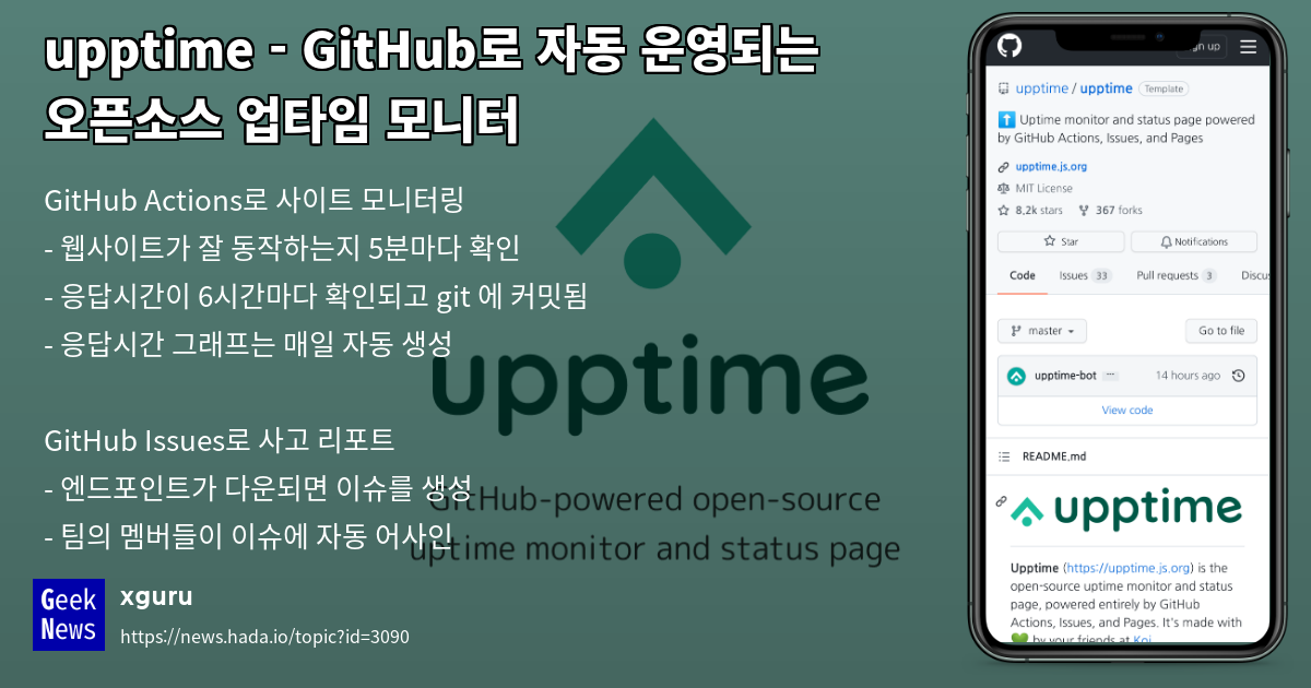 upptime - GitHub로 자동 운영되는 오픈소스 업타임 모니터 | GeekNews