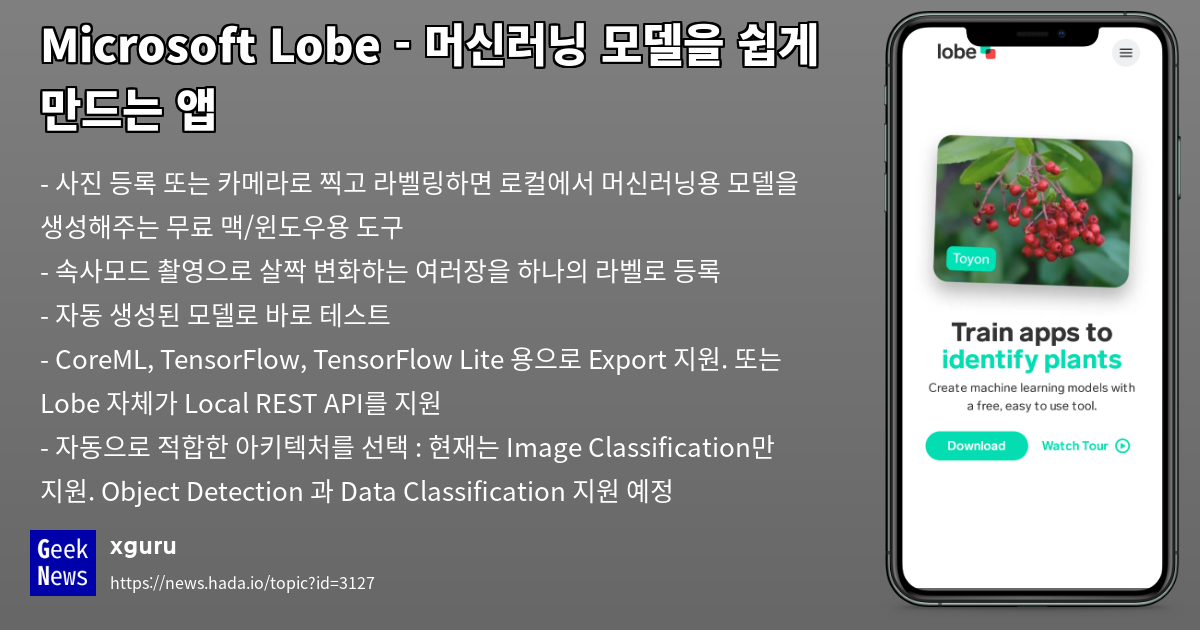 Microsoft Lobe - 머신러닝 모델을 쉽게 만드는 앱 | GeekNews