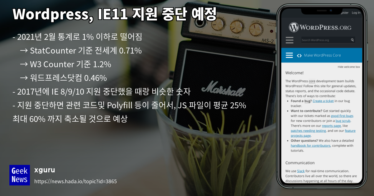 Wordpress, IE11 지원 중단 예정 | GeekNews