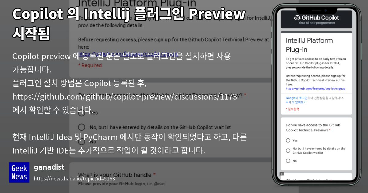 Copilot 의 Intellij 플러그인 Preview 시작됨 | GeekNews