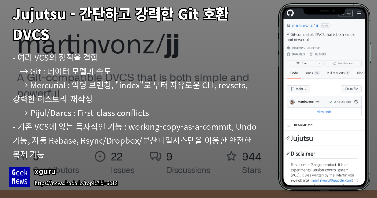 Jujutsu - 간단하고 강력한 Git 호환 DVCS | GeekNews