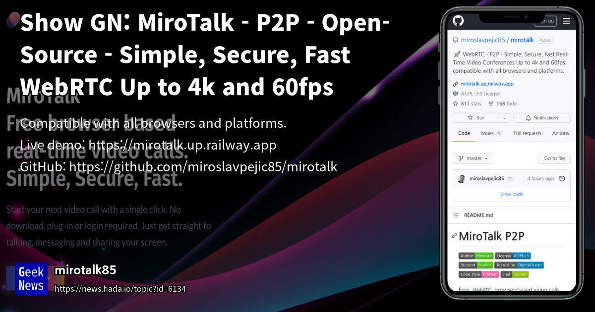 MiroTalk - P2P - Open-Source - Simple, Secure, Fas | GeekNews