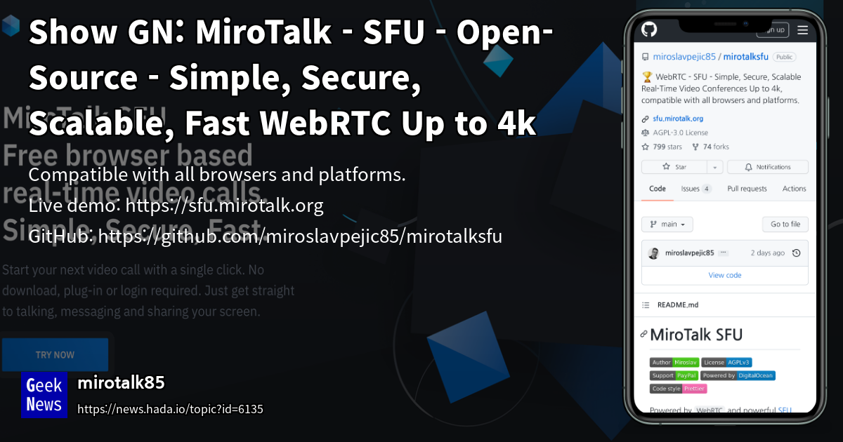 MiroTalk - SFU - Open-Source - Simple, Secure, Sca | GeekNews