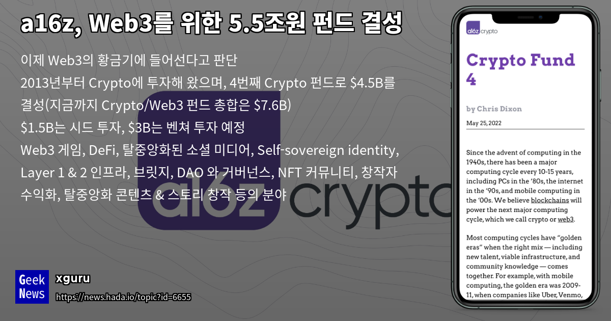 a16z, Web3를 위한 5.5조원 펀드 결성 | GeekNews