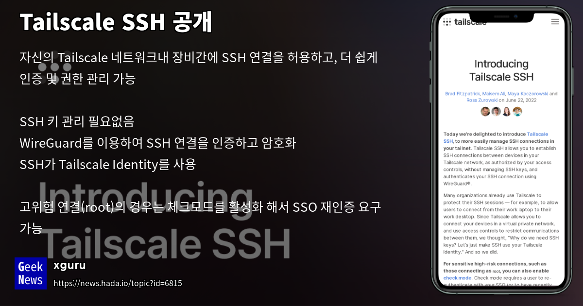 Tailscale SSH 공개 | GeekNews