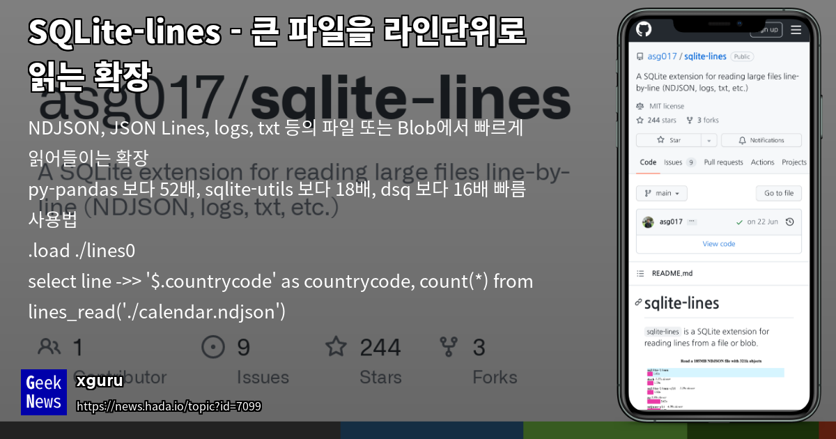SQLite-lines - 큰 파일을 라인단위로 읽는 확장 | GeekNews