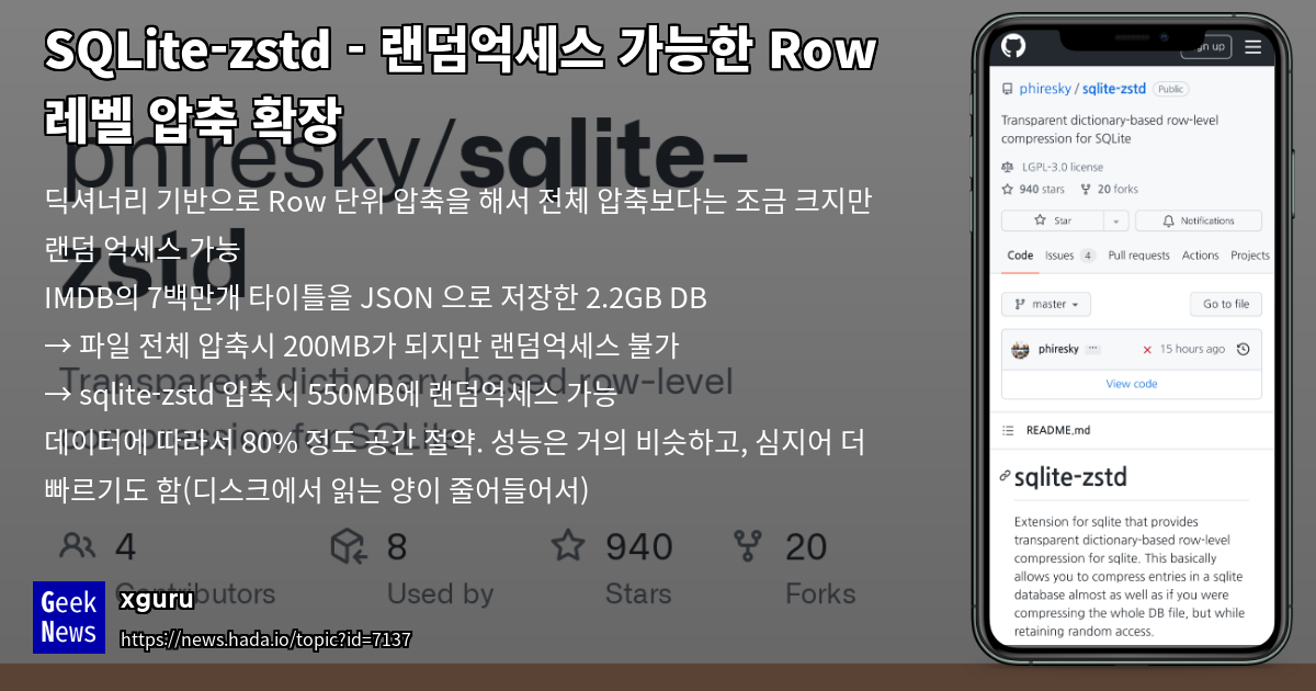 SQLite-zstd - 랜덤억세스 가능한 Row 레벨 압축 확장 | GeekNews