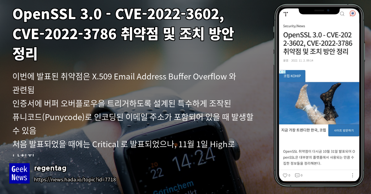 OpenSSL 3.0 - CVE-2022-3602, CVE-2022-3786 취약점 및 조 | GeekNews
