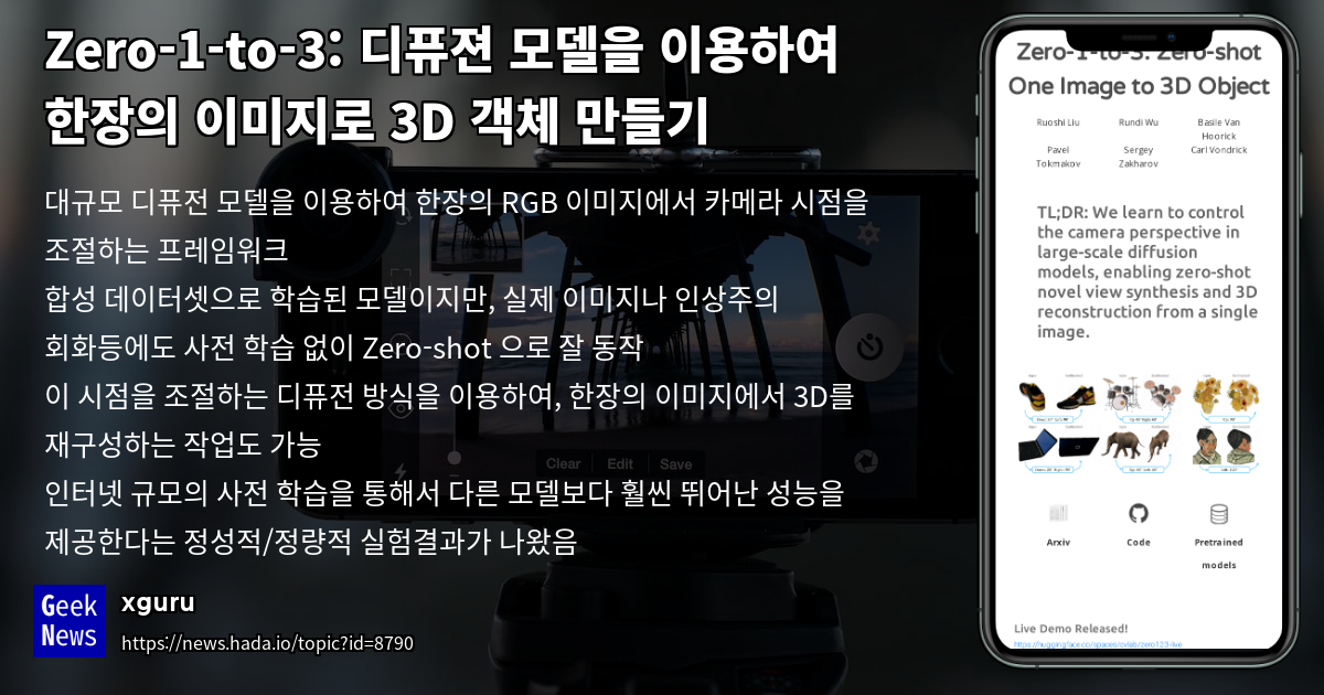 Zero-1-to-3: 디퓨젼 모델을 이용하여 한장의 이미지로 3D 객체 만들기 | GeekNews